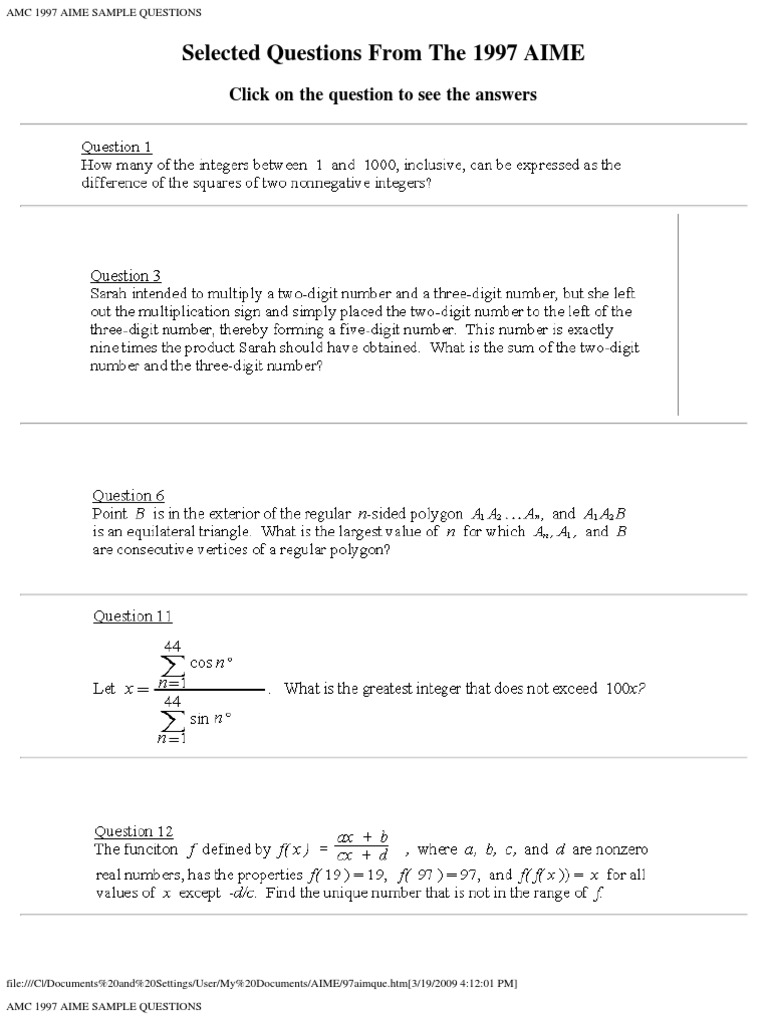 Selected Questions From The 1997 AIME: Click On The Question To See The ...