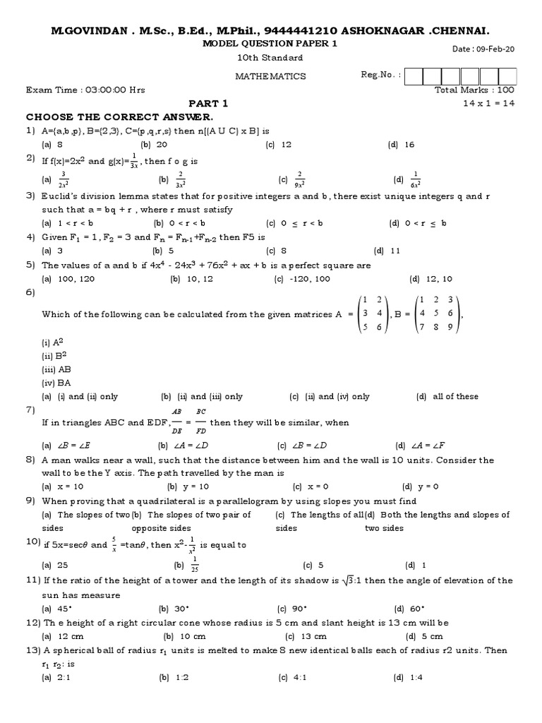 Class 10 Maths Model Question Paper | PDF | Sphere | Geometry