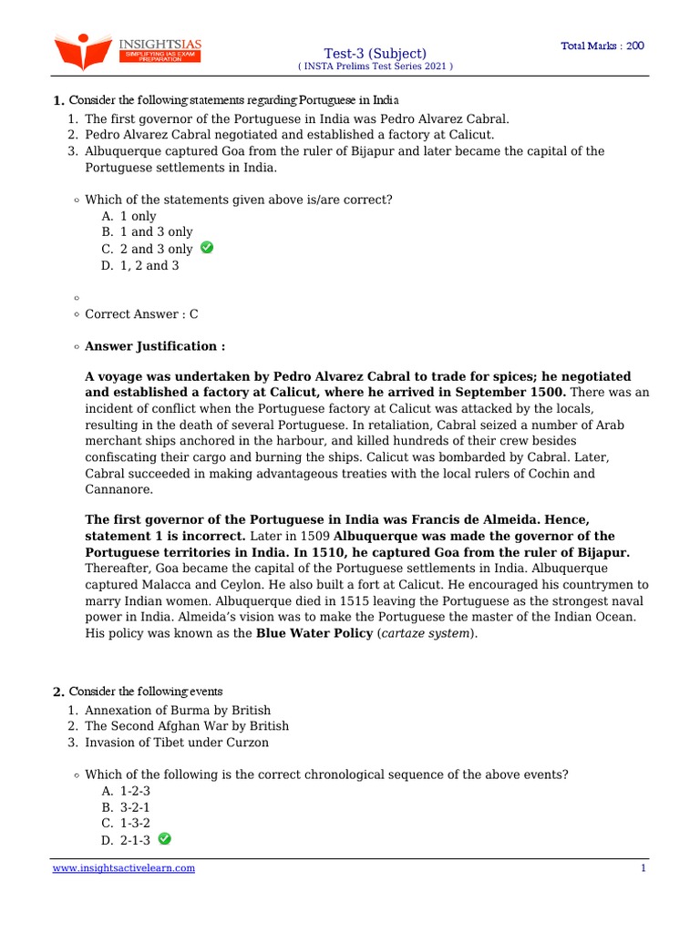 Insights Test 3 A - Prelims 2021 (Subjectwise) | PDF