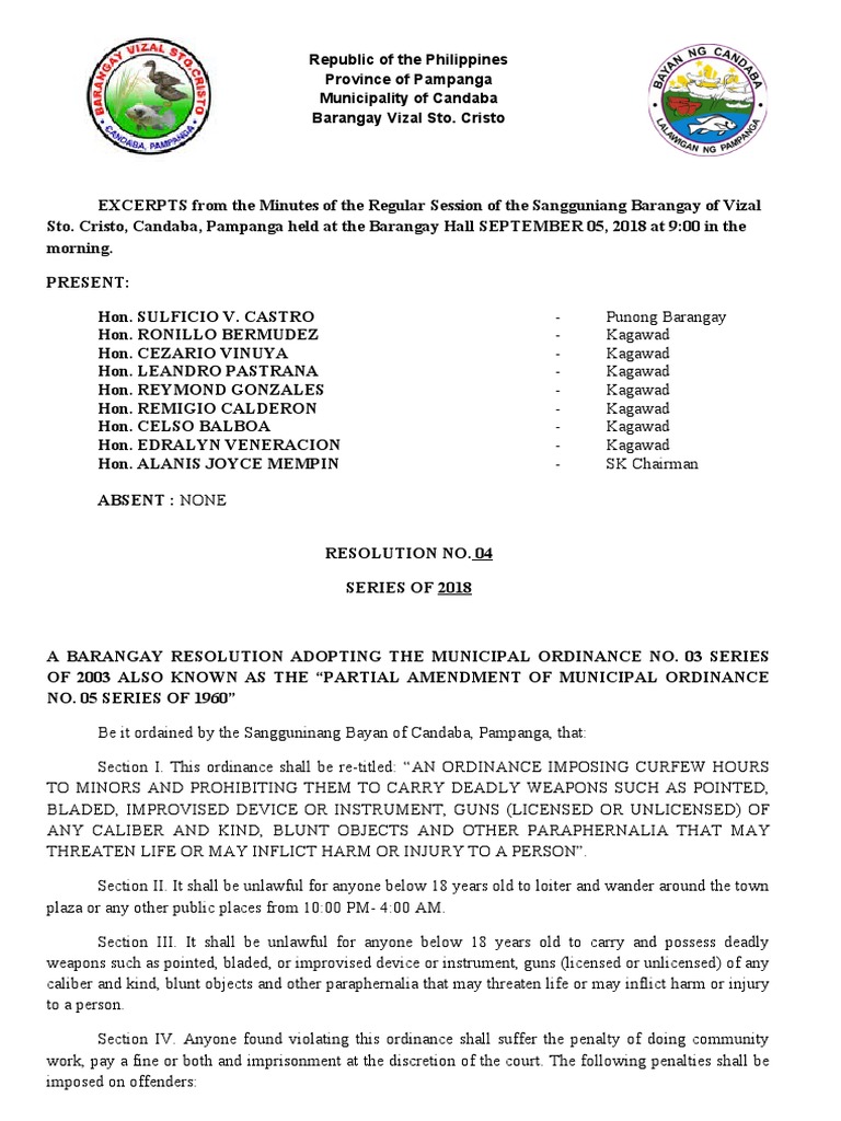 Resolution No. 04 Curfew Hours | PDF | Justice | Crime & Violence