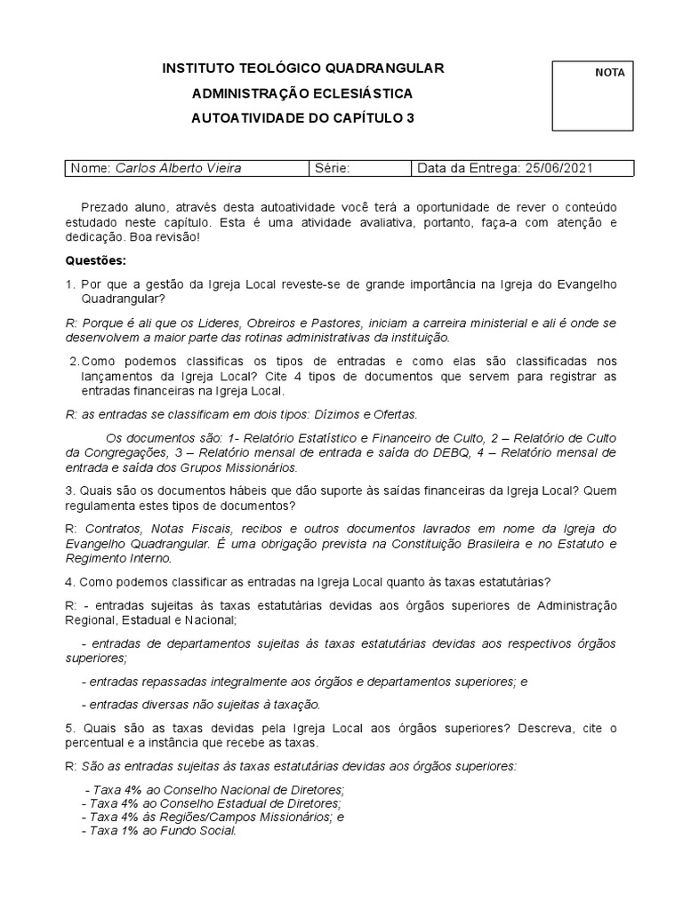 Atividade Adm Eclesiastica Cap3 | PDF | Igreja cristã