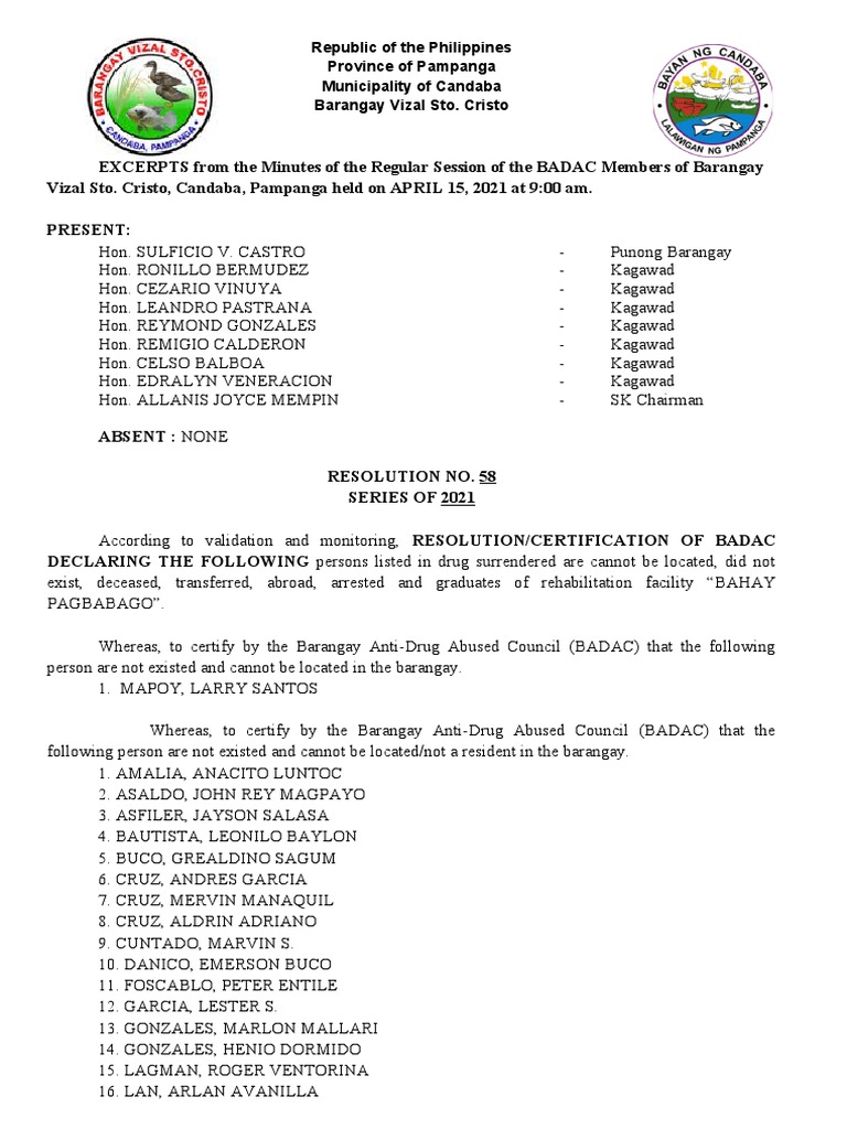 Resolution Certifying Individuals for Delisting from the Barangay's ...