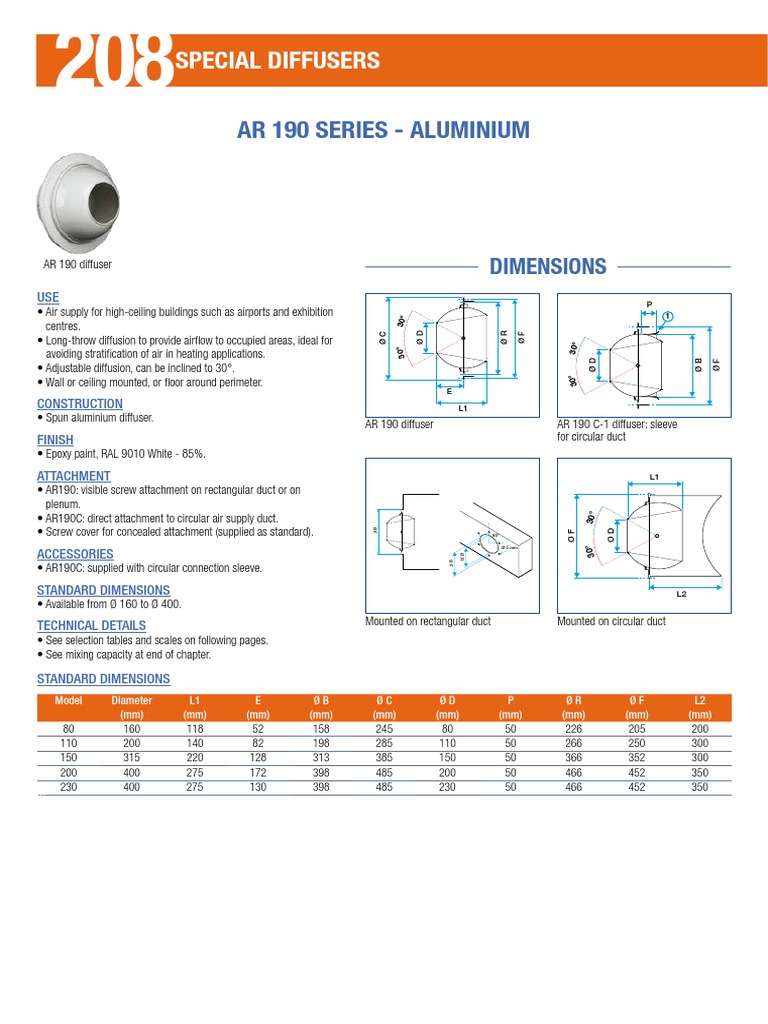 Ar 190 Series - Aluminium: Special Diffusers | PDF | Duct (Flow) | Building Engineering