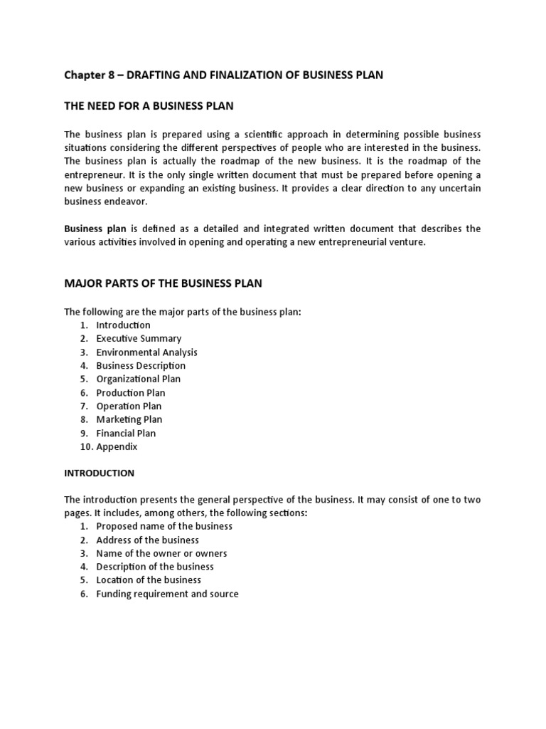 Chapter 8 - Drafting and Finalization of Business Plan The Need For A ...