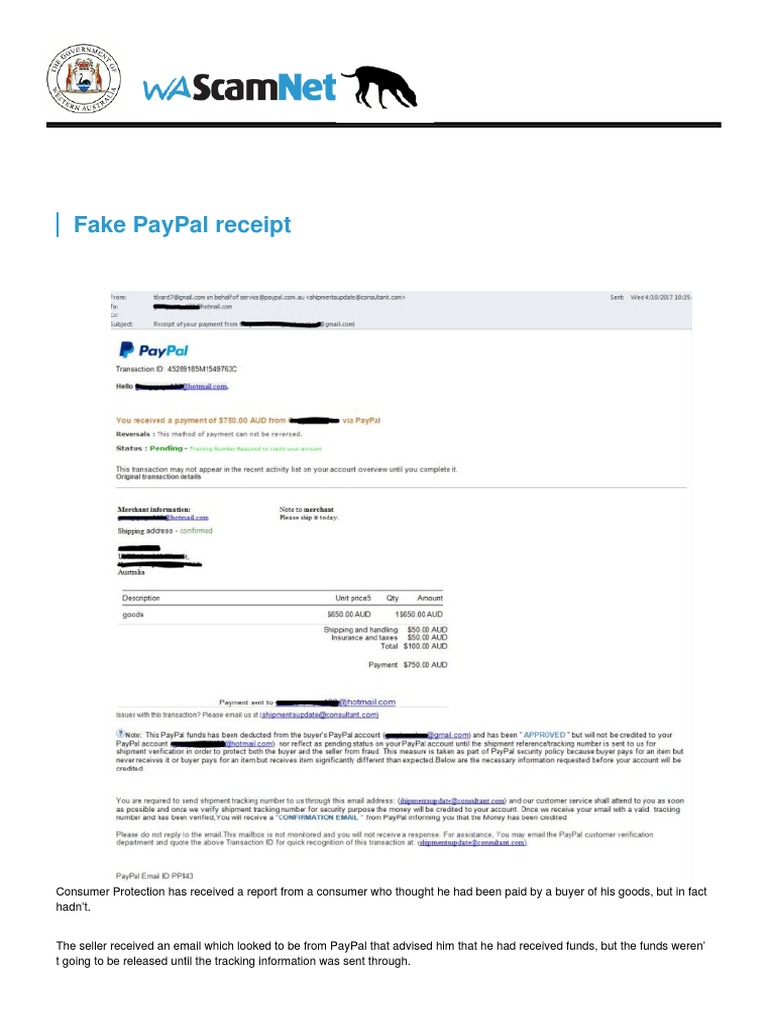 Scam Types-Buying or Selling-Classified Scams-Fake PayPal Receipt - HTM ...