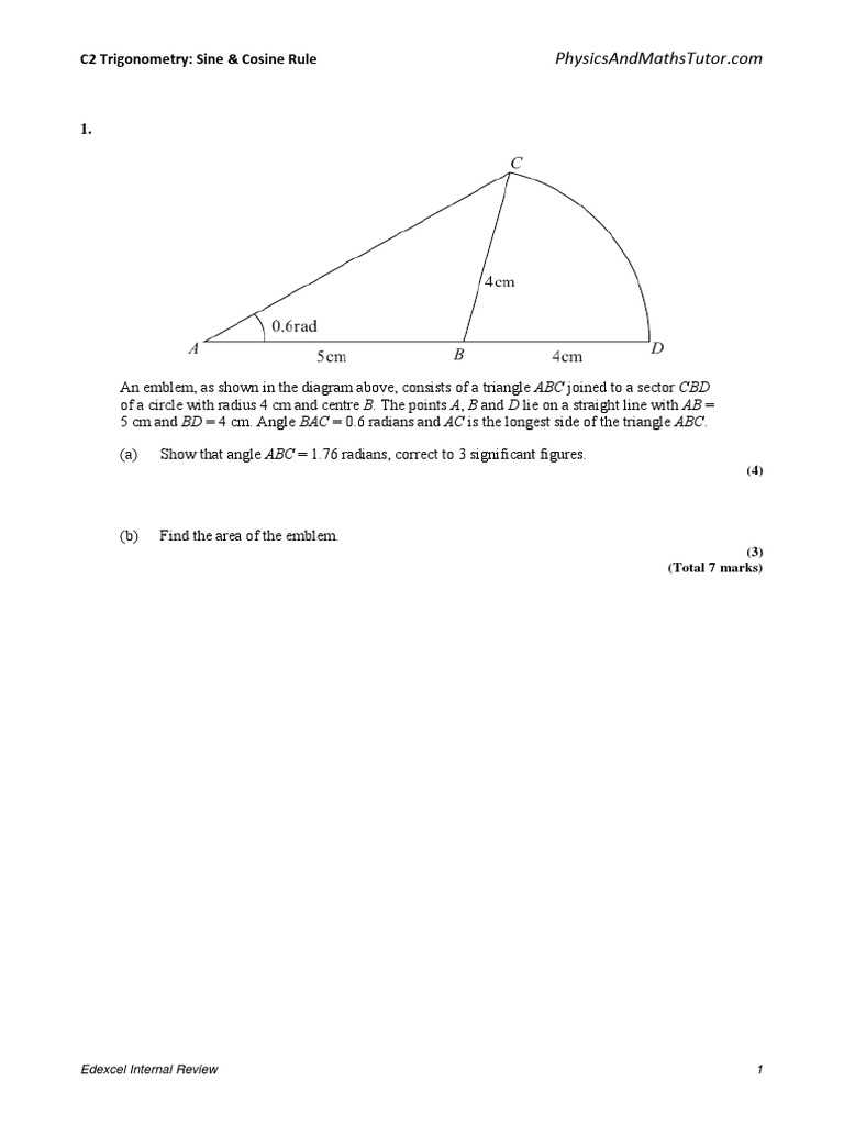 C2 Trigonometry - Sine and Cosine Rule-Exercise | PDF | Trigonometric ...