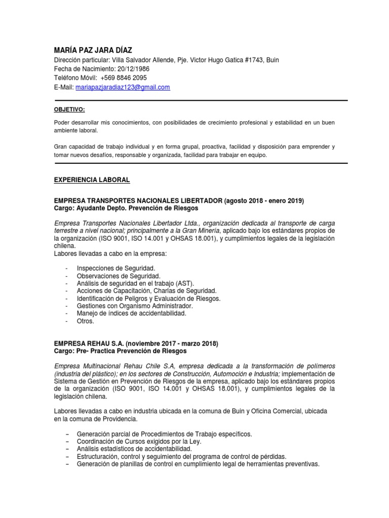 Curriculum Vitae María Paz Jara | PDF | Seguridad y salud ocupacional