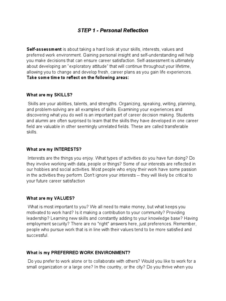 STEP 1 - Personal Reflection: Self-Assessment Is About Taking A Hard ...