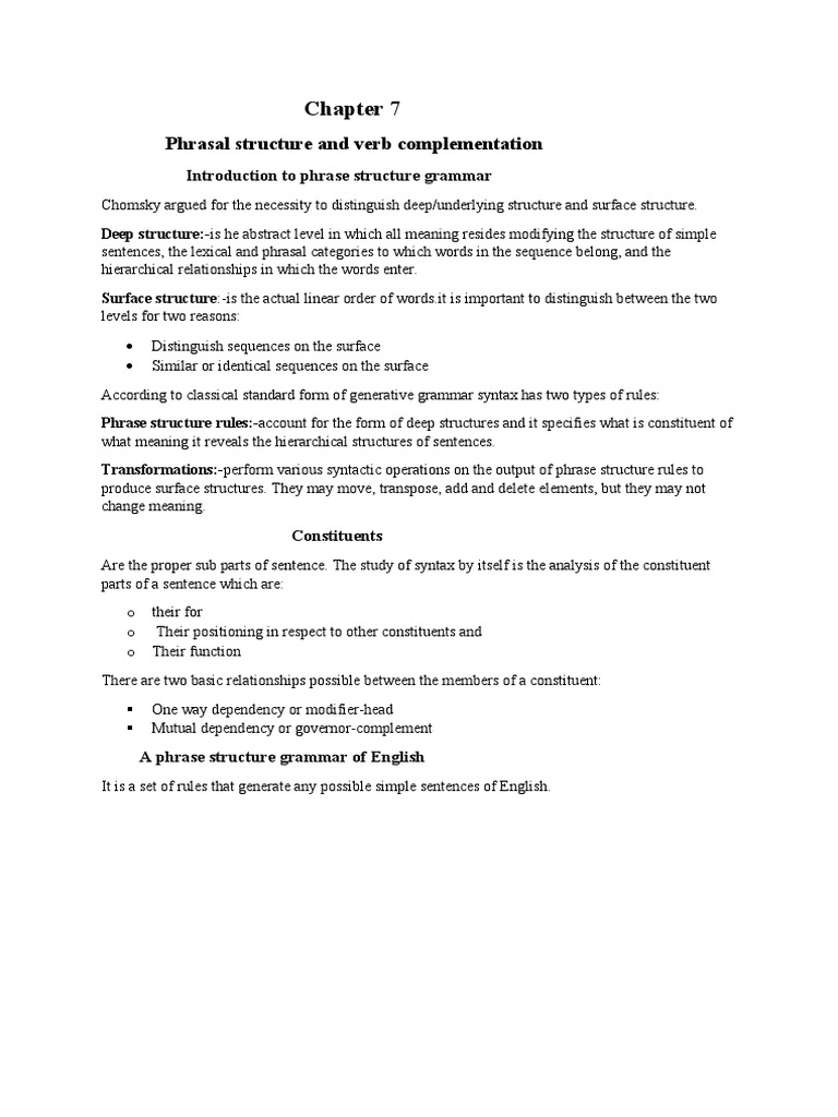 Phrasal Structure and Verb Complementation: Introduction To Phrase Structure Grammar | PDF ...