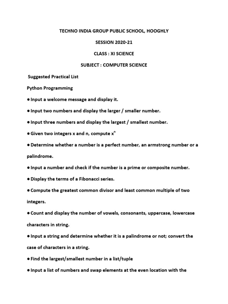 Class Xi Comp SC Practical List | PDF | Teaching Methods & Materials