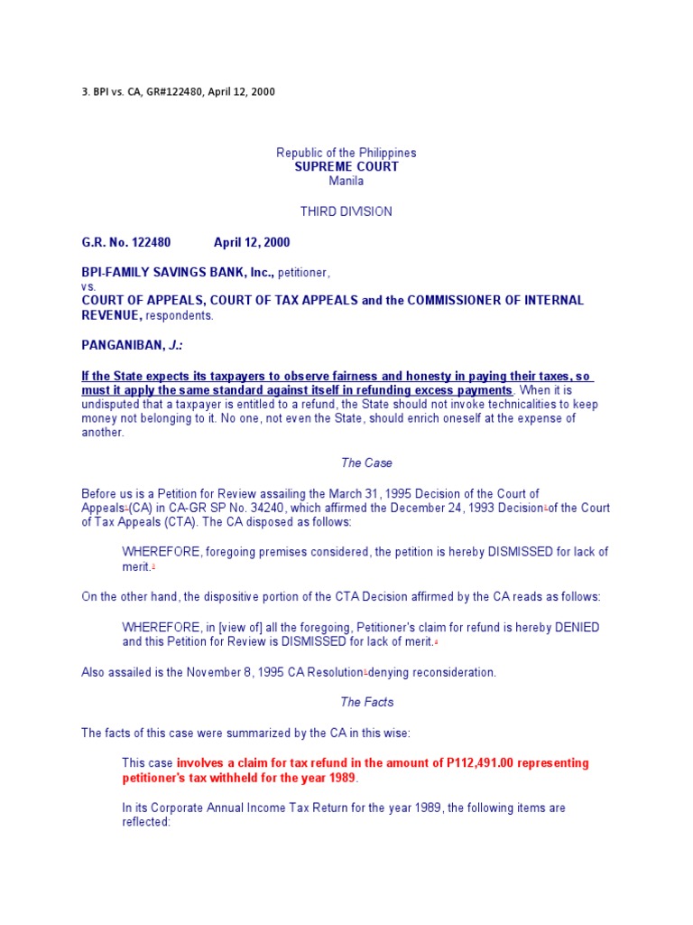 BPI vs. CA, GR#122480, April 12, 2000 | PDF | Tax Refund | Taxes