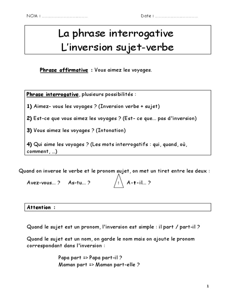 Inversion SJ V 2 | PDF | Phrase | Sujet (Grammaire)