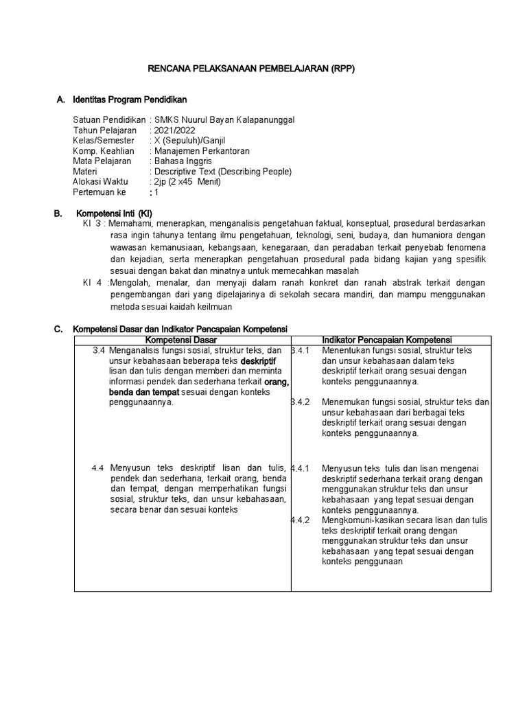 RPP Descriptive Text | PDF