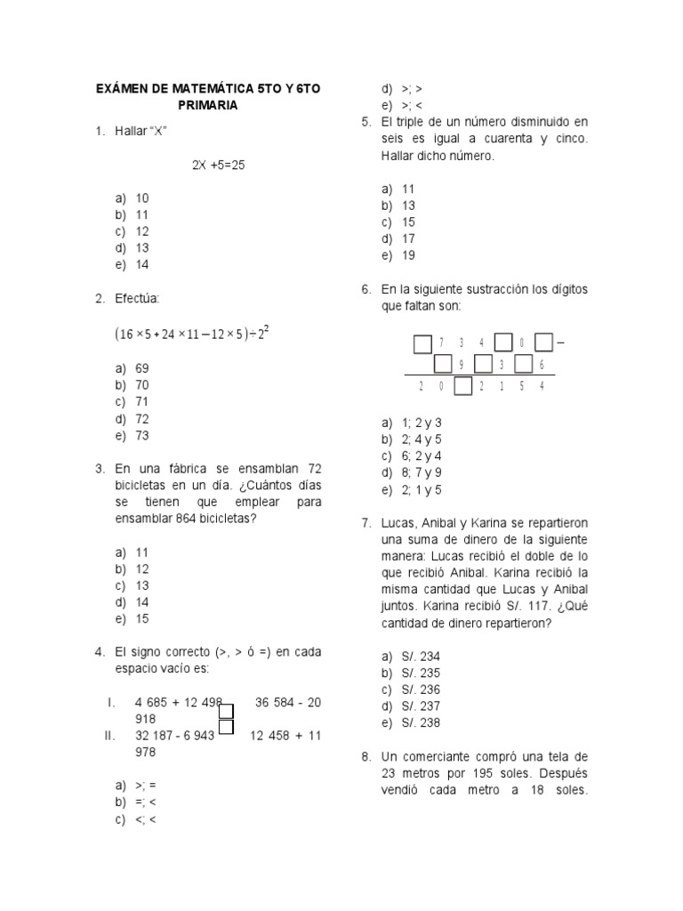 Exámen de Matemática 5to y 6to Primaria | PDF