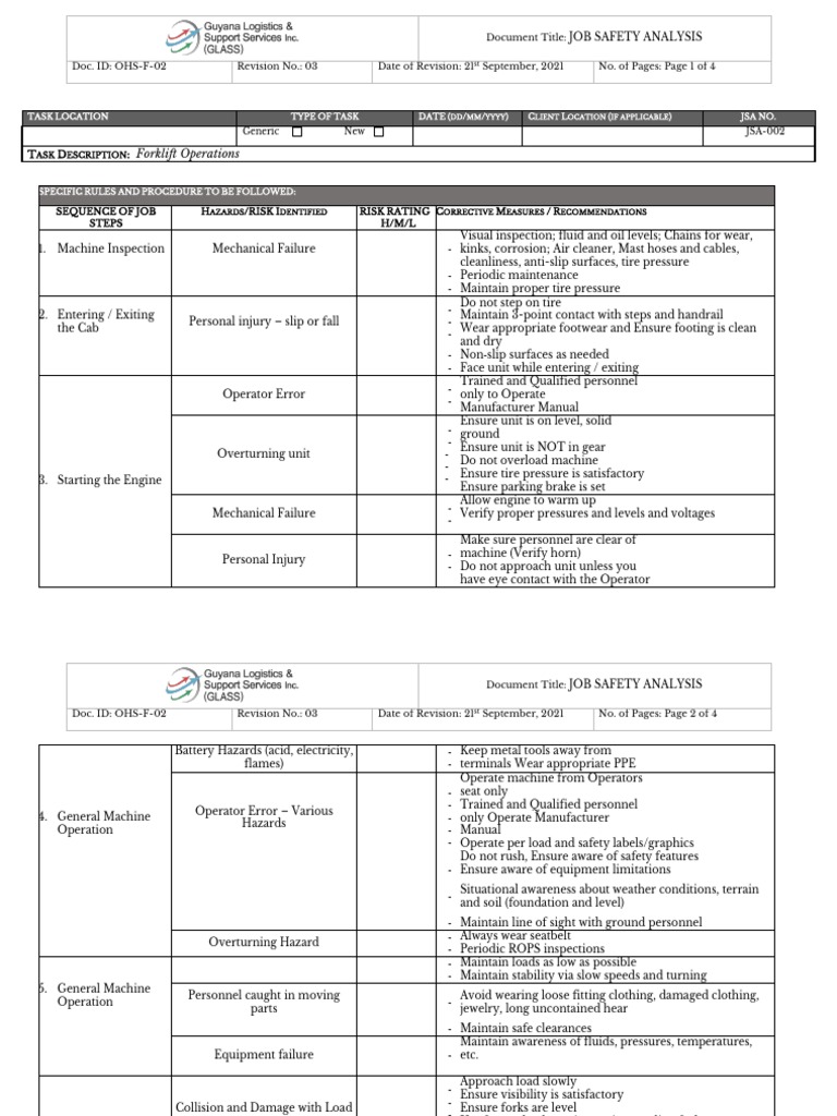Forklift Operations Job Safety Analysis | PDF | Personal Protective ...