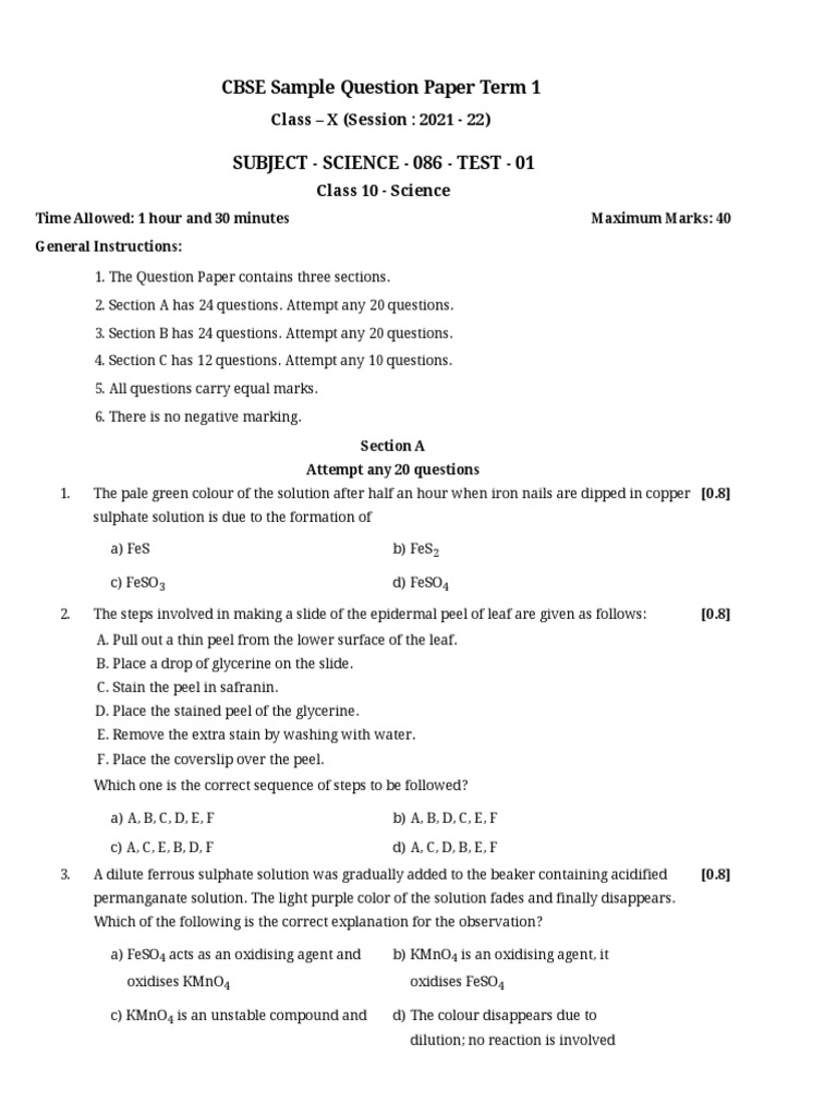 CBSE Sample Question Paper Term 1: Class - X (Session: 2021 - 22) | PDF ...