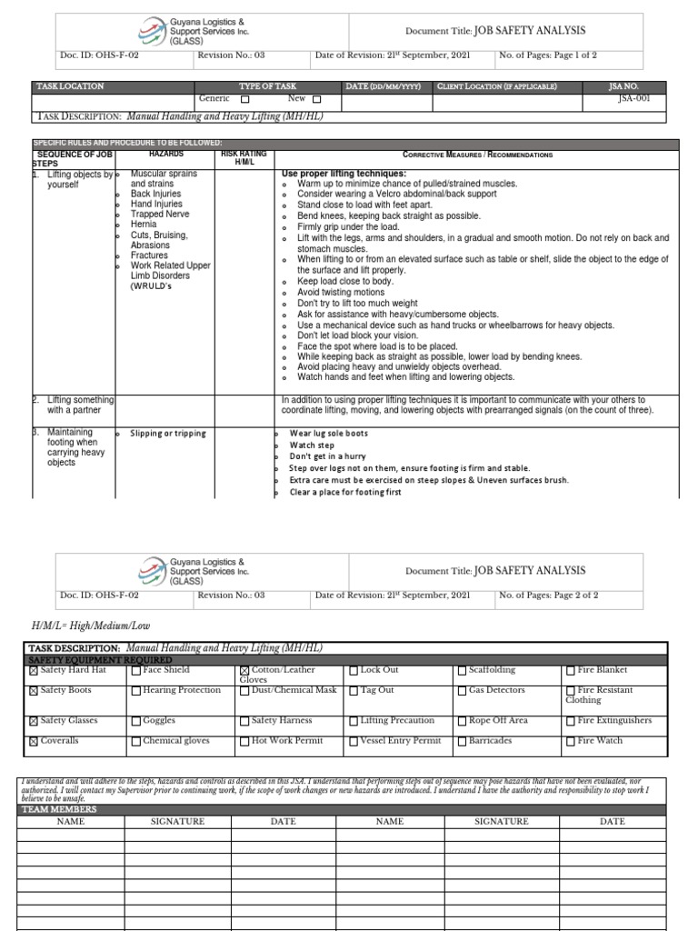 Jsa-001 Manual Handling & Heavy Lifting | PDF | Safety