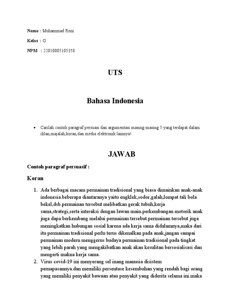 Uts B.indonesia Roni | PDF | Pengembangan Diri