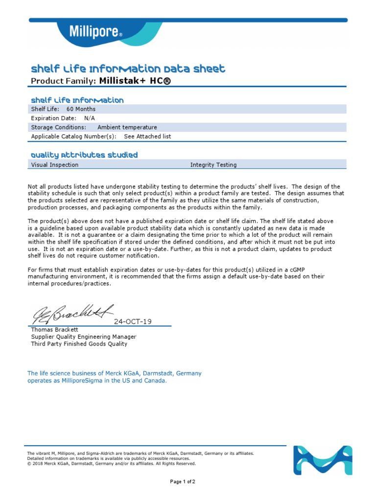 Millistak+ HC®: Shelf Life Information Data Sheet | PDF