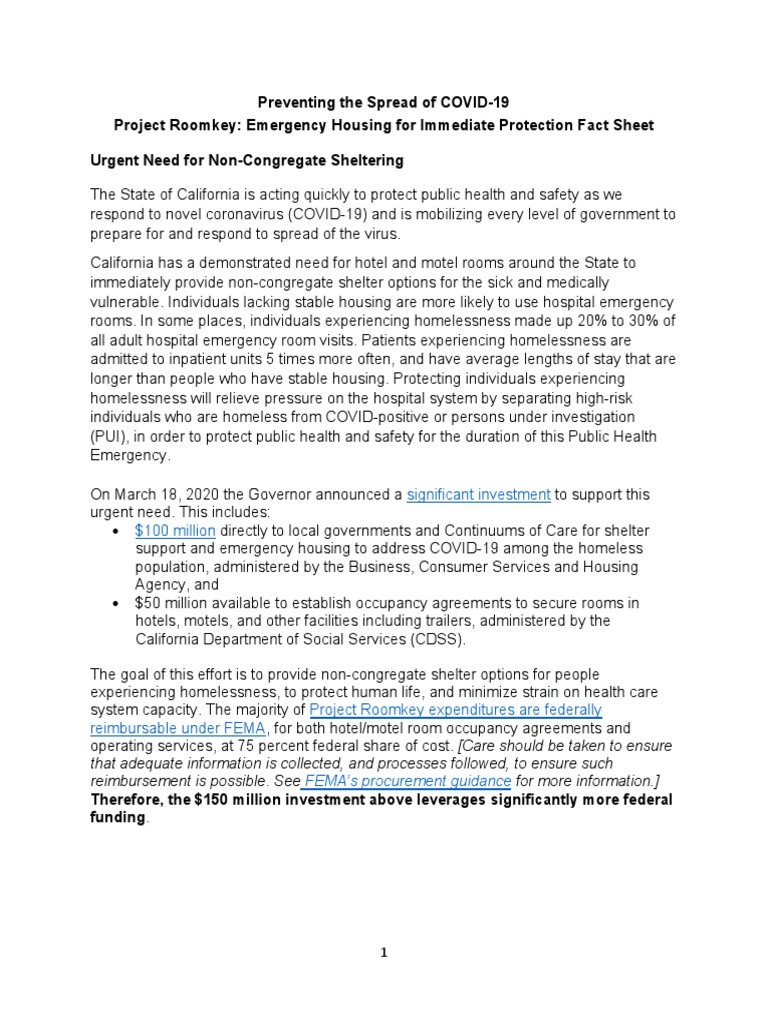 Project Roomkey Fact Sheet | PDF | Homelessness | Federal Emergency ...