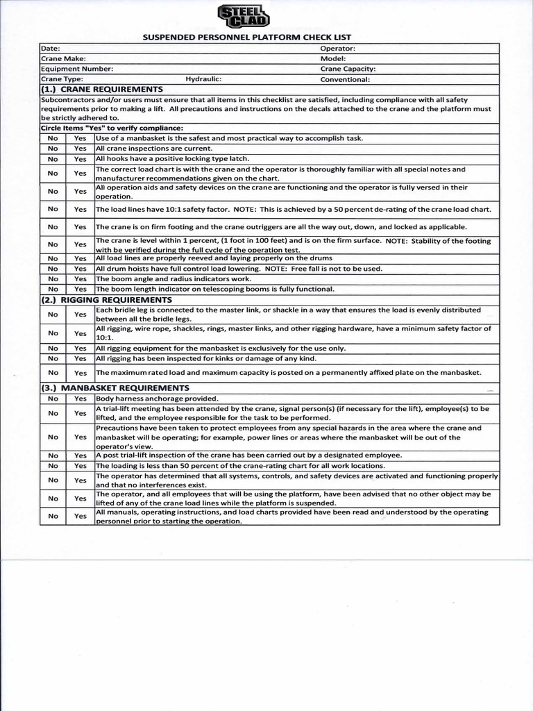 Suspended Personnel Platform Check List | PDF | Crane (Machine) | Elevator