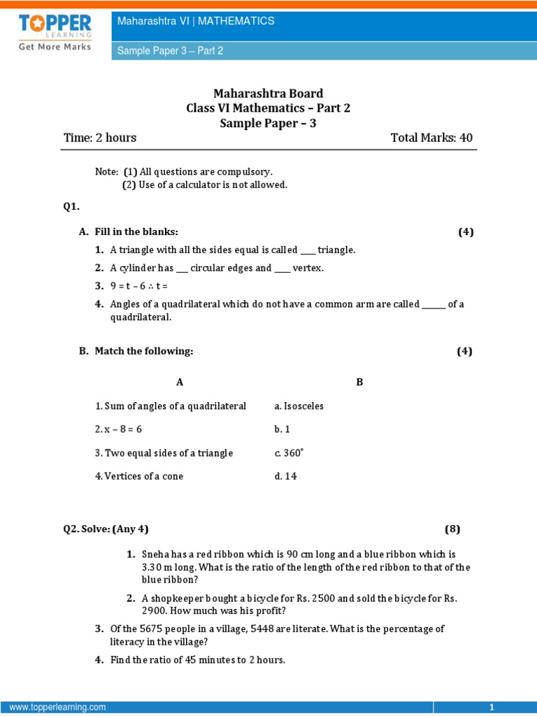 Class 6 Maths Sample Paper 3 | PDF | Triangle | Geometric Shapes