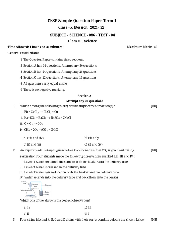 CBSE Sample Question Paper Term 1: Class - X (Session: 2021 - 22) | PDF ...