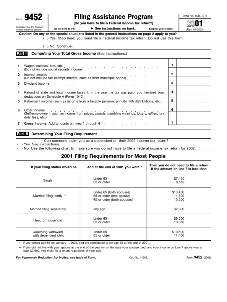US Internal Revenue Service: f9452 - 2001 | PDF | Income Tax In The ...