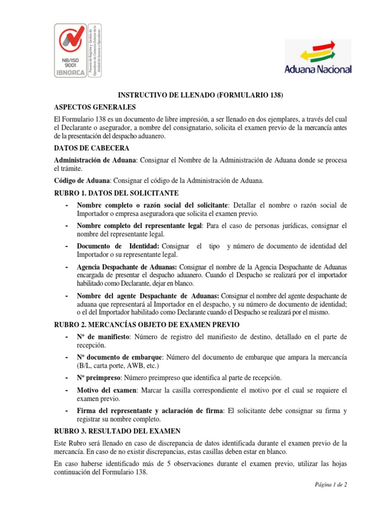 INSTRUCTIVO DE LLENADO Form 138 | PDF | aduana | Factura