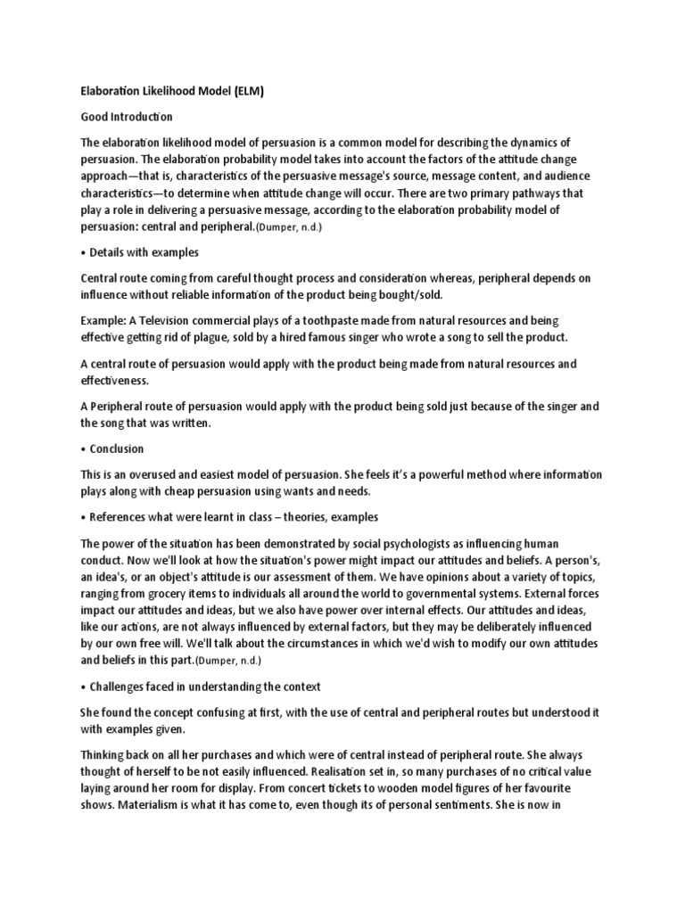 Elaboration Likelihood Model (ELM) : (Dumper, N.D.) | PDF | Persuasion ...