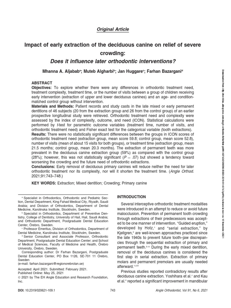 Impact of Early Extraction of The Deciduous Canine On Relief of Severe ...