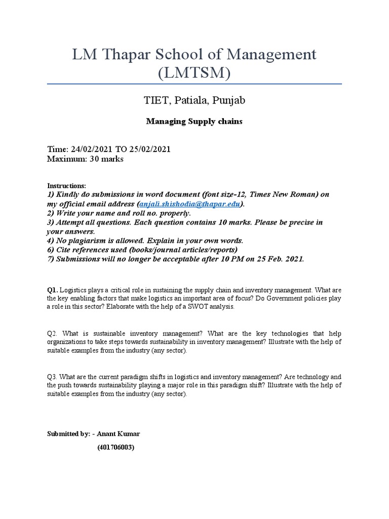 Anant Kumar (401706003) | PDF | Logistics | Supply Chain