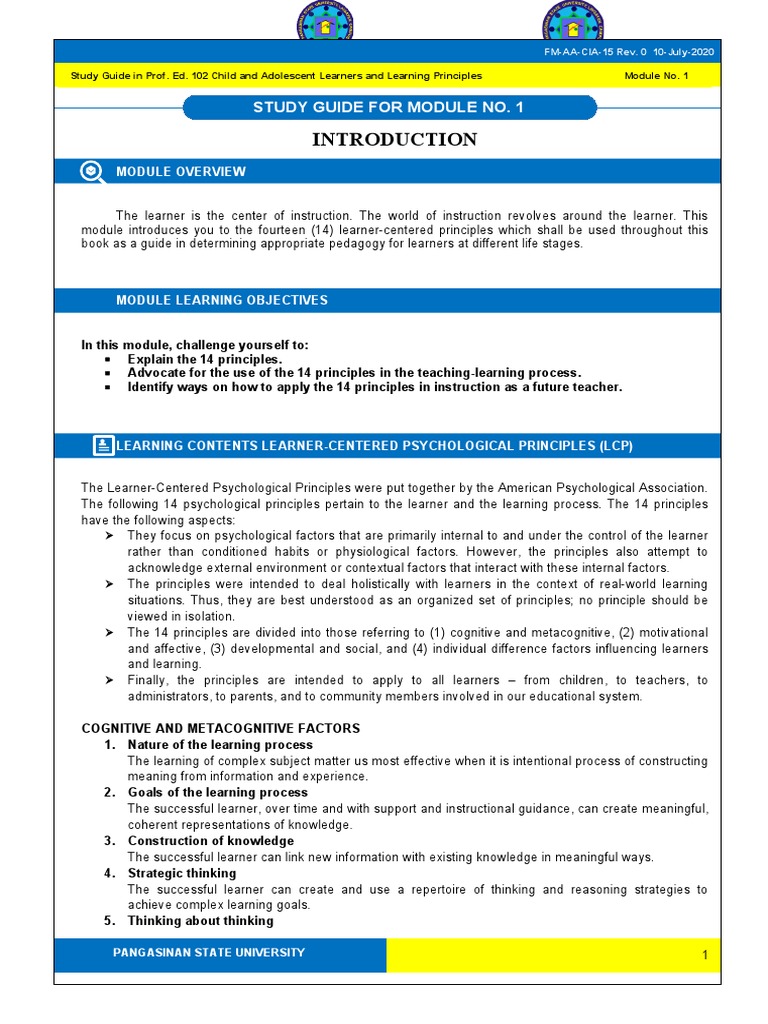 Learner-Centered Principles Study Guide | PDF | Learning | Motivational