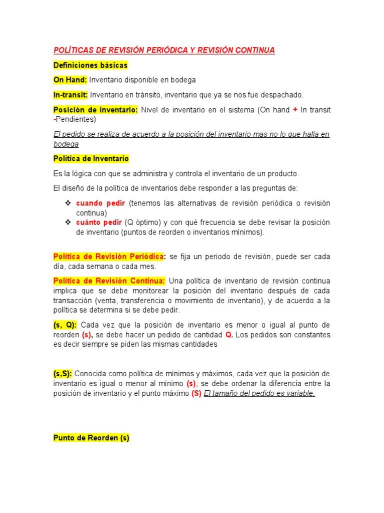 Políticas de Revisión Periódica y Revisión Continua | PDF | Inventario