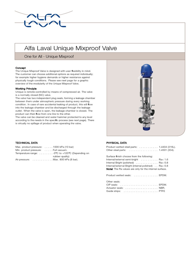 Alfa Laval Unique Mixproof Valve | PDF | Valve | Pressure