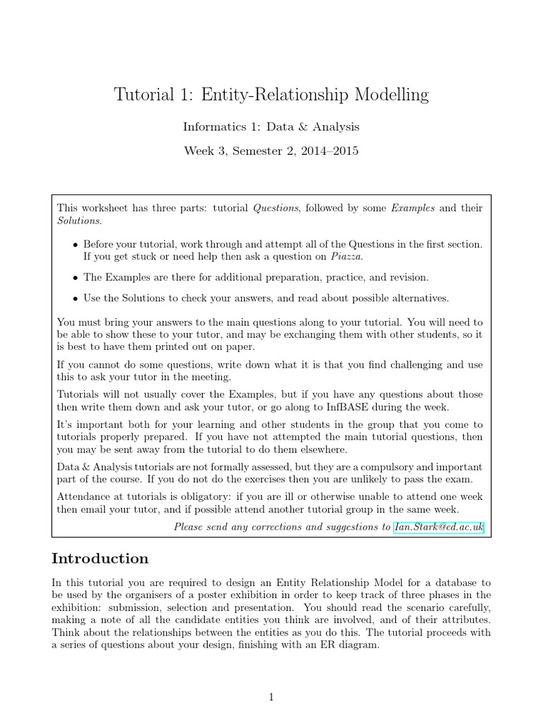 Tutorial 1: Entity-Relationship Modelling: Informatics 1: Data & Analysis Week 3, Semester 2 ...