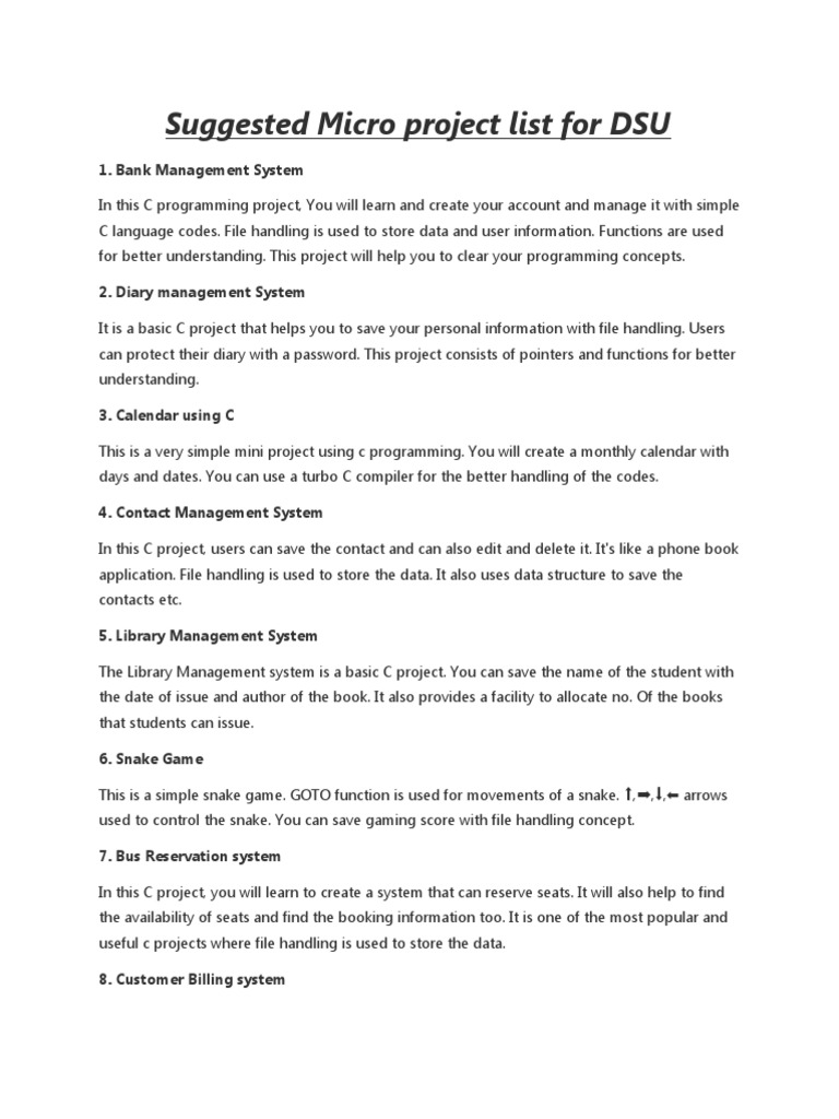Suggested Micro Projects for Beginner C Programmers: A Collection of 21 ...