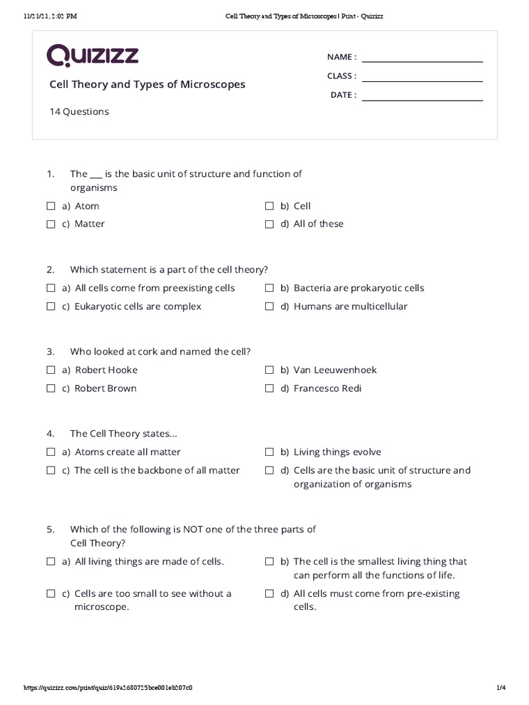 Cell Theory and Types of Microscopes - Print - Quizizz | PDF | Cell ...