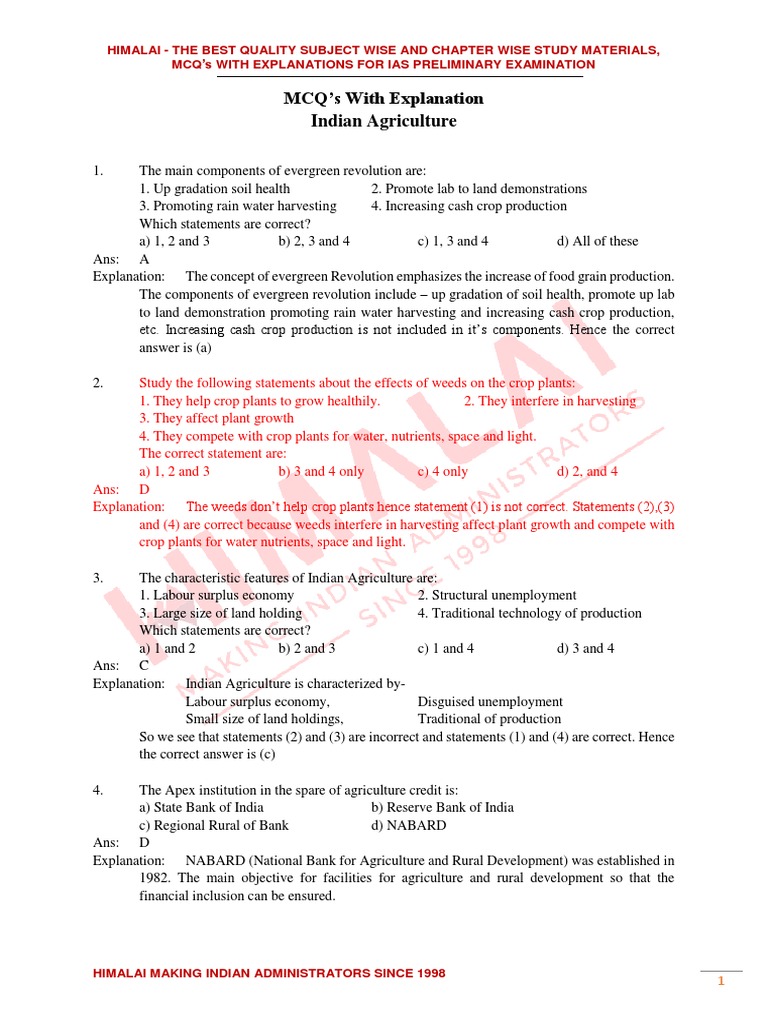 Indian Agriculture Characteristics MCQs | PDF | Agriculture | Green ...
