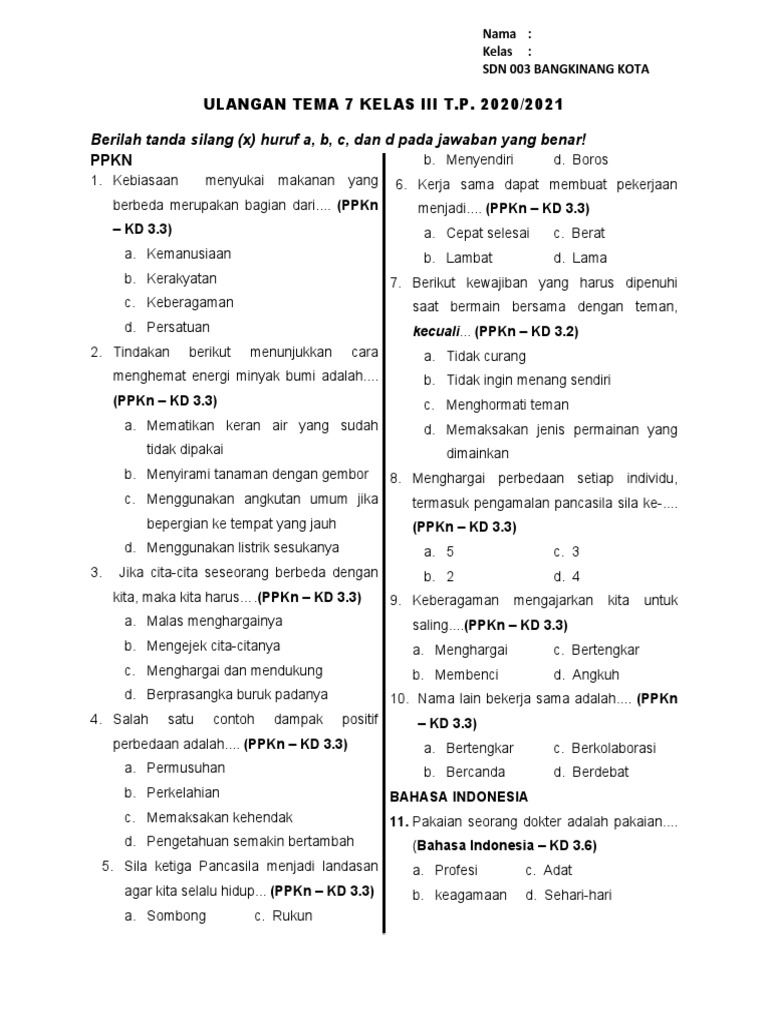 Soal Ulangan Tema 7 Kelas 3 2020-2021 | PDF