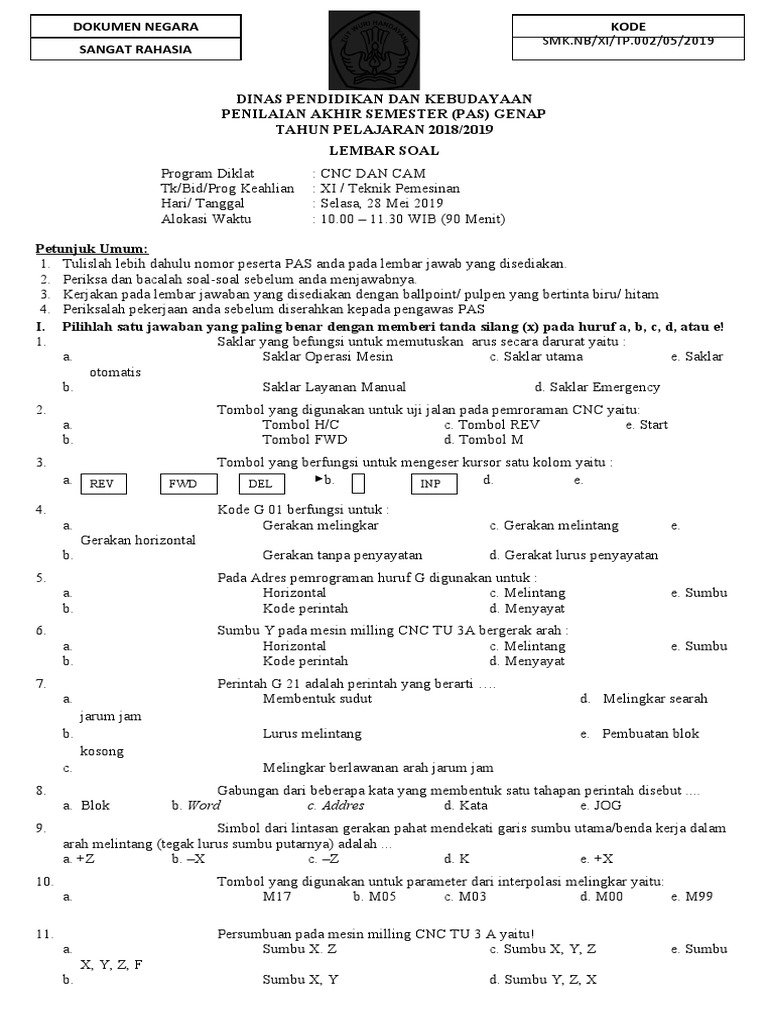 Soal PAS Teknik Pemesinan CNC 2019 | PDF