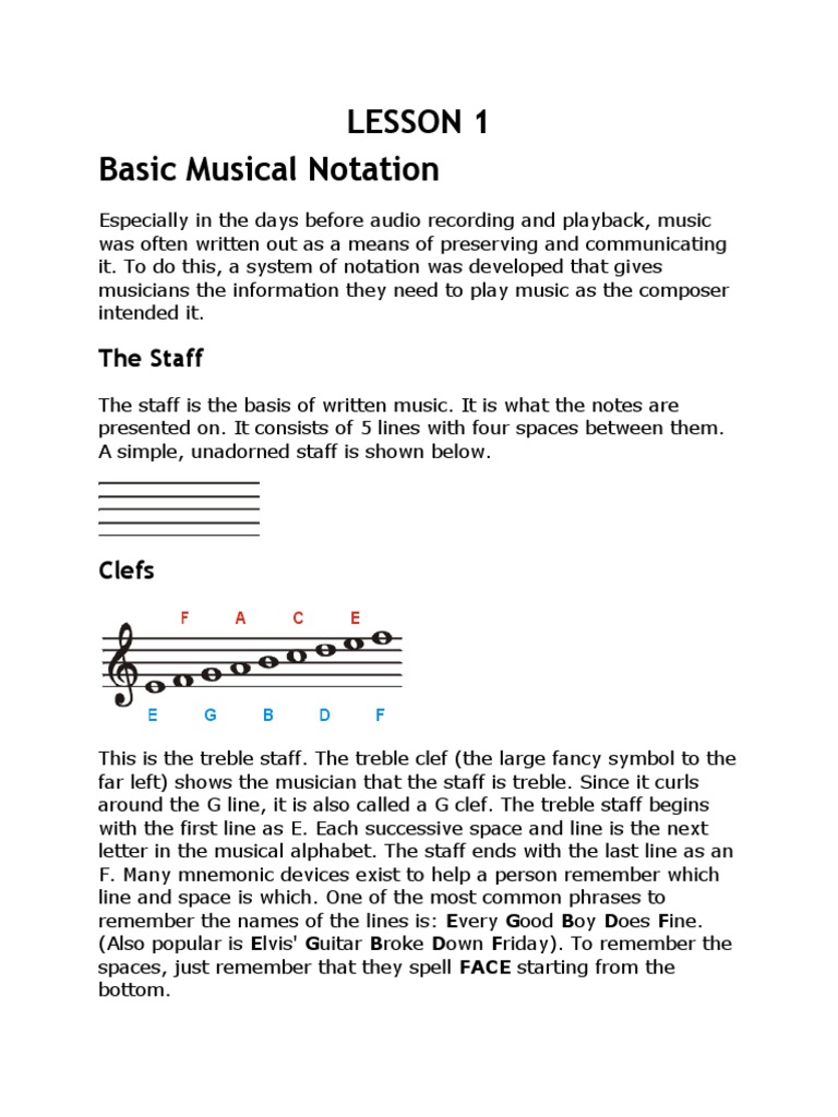 Lesson 1 Basic Musical Notation: The Staff | PDF