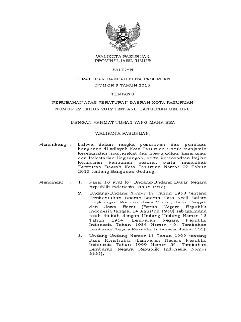 Perda No 9 TH 2015 TTG Perubahan Perda 22 2015 TTG BG | PDF