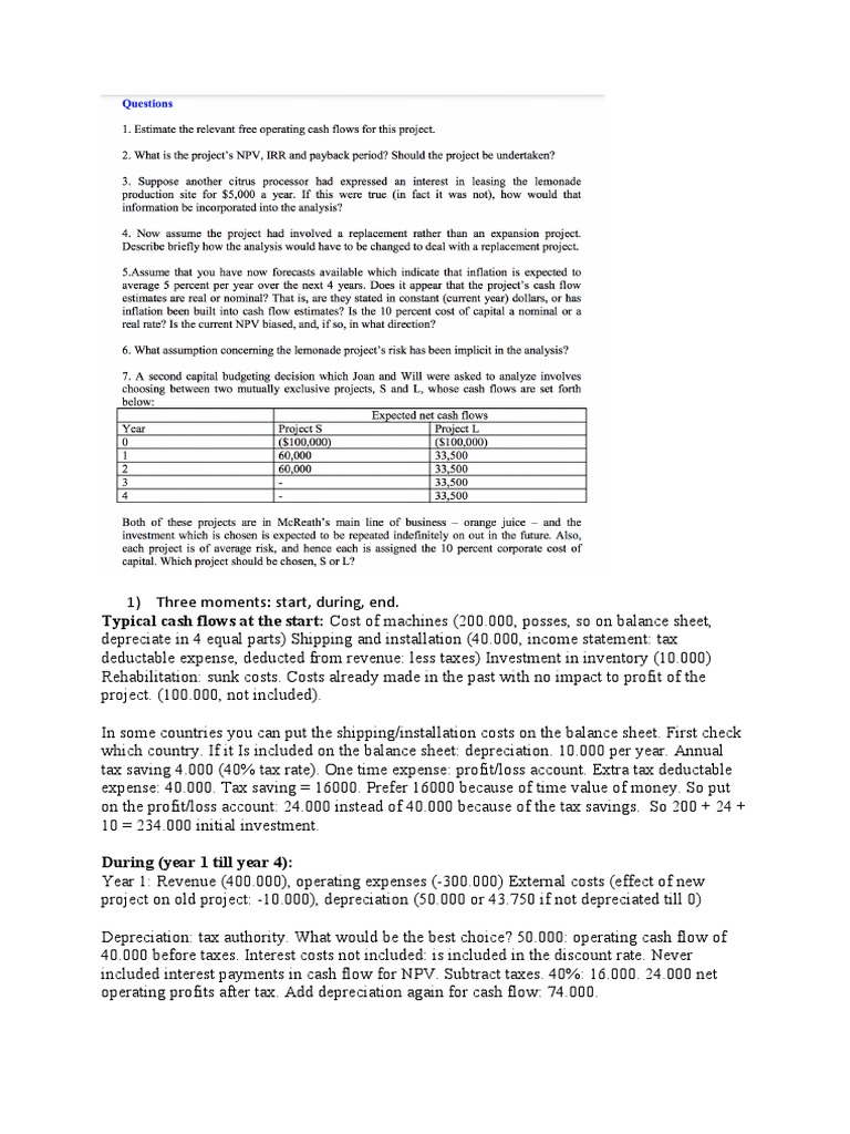 Typical Cash Flows at The Start: Cost of Machines (200.000, Posses, So ...