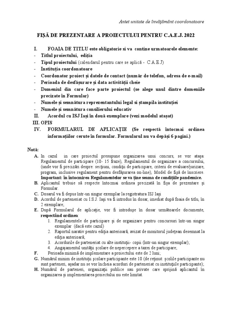 Fisa-Cadru Proiect CAEJ 2022 | PDF