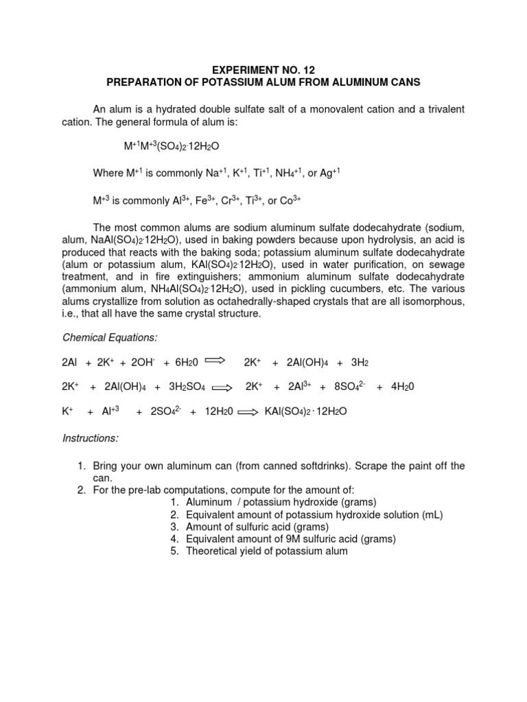 Experiment-no.-12-Preparation of Potassium Alum From Aluminum Cans ...
