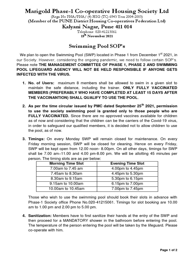 Marigold Phase-1 Co-op Society Swimming Pool Reopening SOP | PDF ...