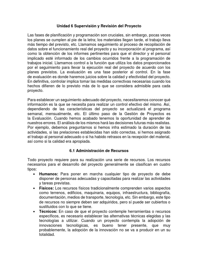 Unidad 6 Supervisión y Revisión Del Proyecto | PDF | Planificación ...