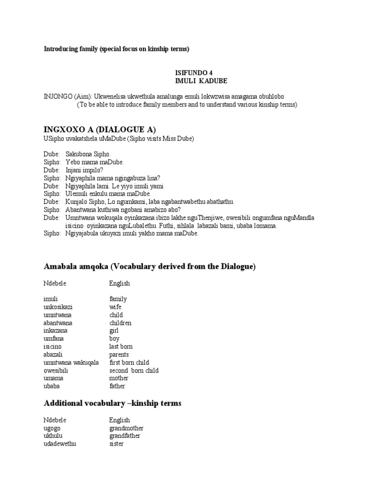 Introducing Family - Ndebele For Beginners Lesson 4 | PDF