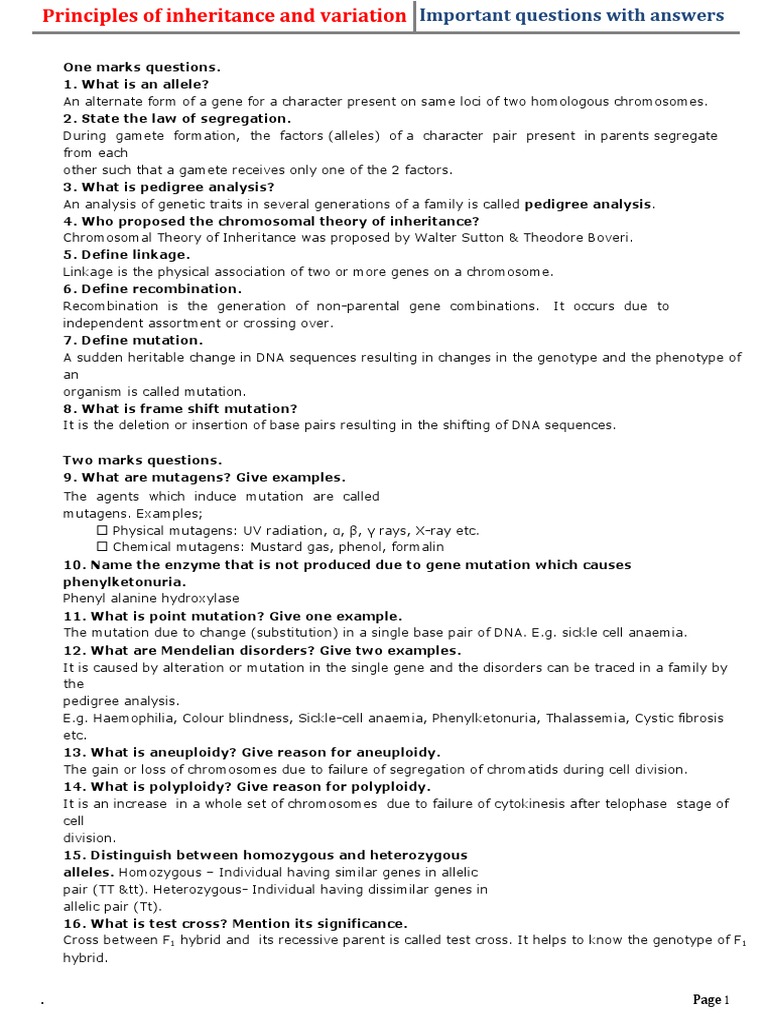 Principles of Inheritance and Variations Questions With Answers | PDF | Dominance (Genetics ...
